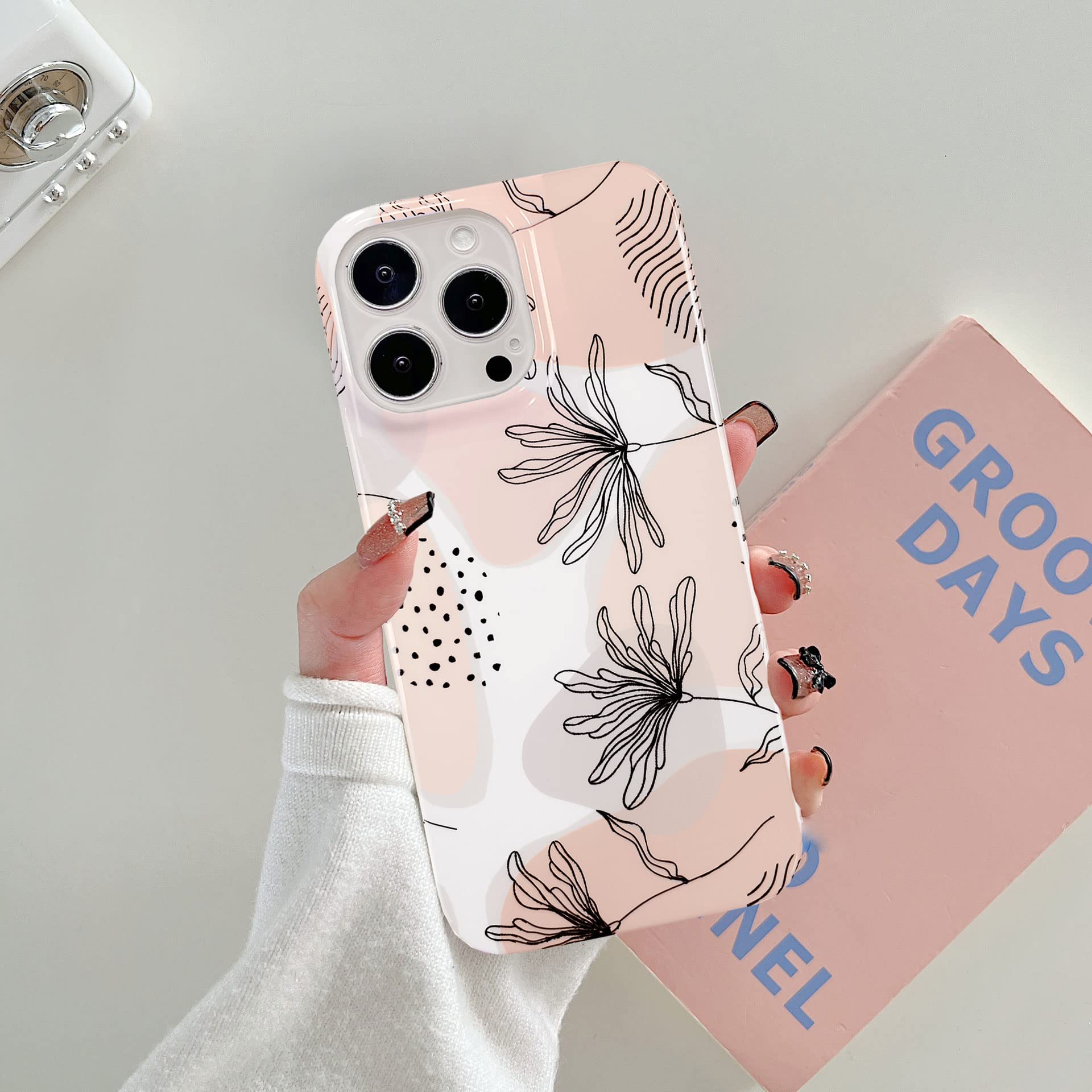 J.west Design for iPhone 13 Pro Max Case 6.7",Aesthetic Minimalist Boho Modern Abstract Prints Slim Geometric Line Plant Floral Pattern Pink Soft TPU Shockproof Cover Protective Phone Case for Women