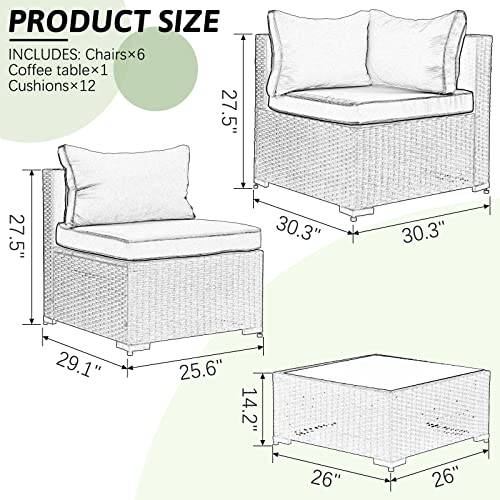MEINV 7 Piece Patio Furniture Sofas Set, PE Rattan Sectional Couch Conversation Sets, Outdoor Waterproof Sofa Chair Wicker with Coffee Table and Cushion for Homes Porch Deck Gardens (Brown-Apricot)