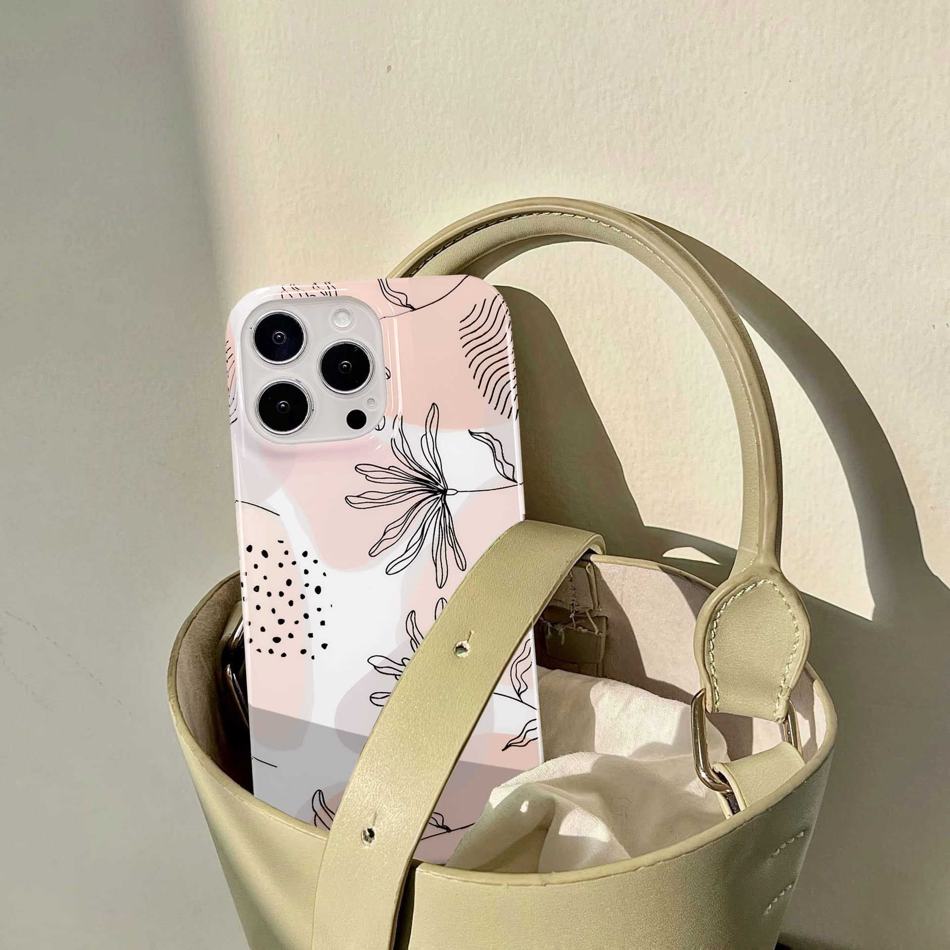 J.west Design for iPhone 13 Pro Max Case 6.7",Aesthetic Minimalist Boho Modern Abstract Prints Slim Geometric Line Plant Floral Pattern Pink Soft TPU Shockproof Cover Protective Phone Case for Women