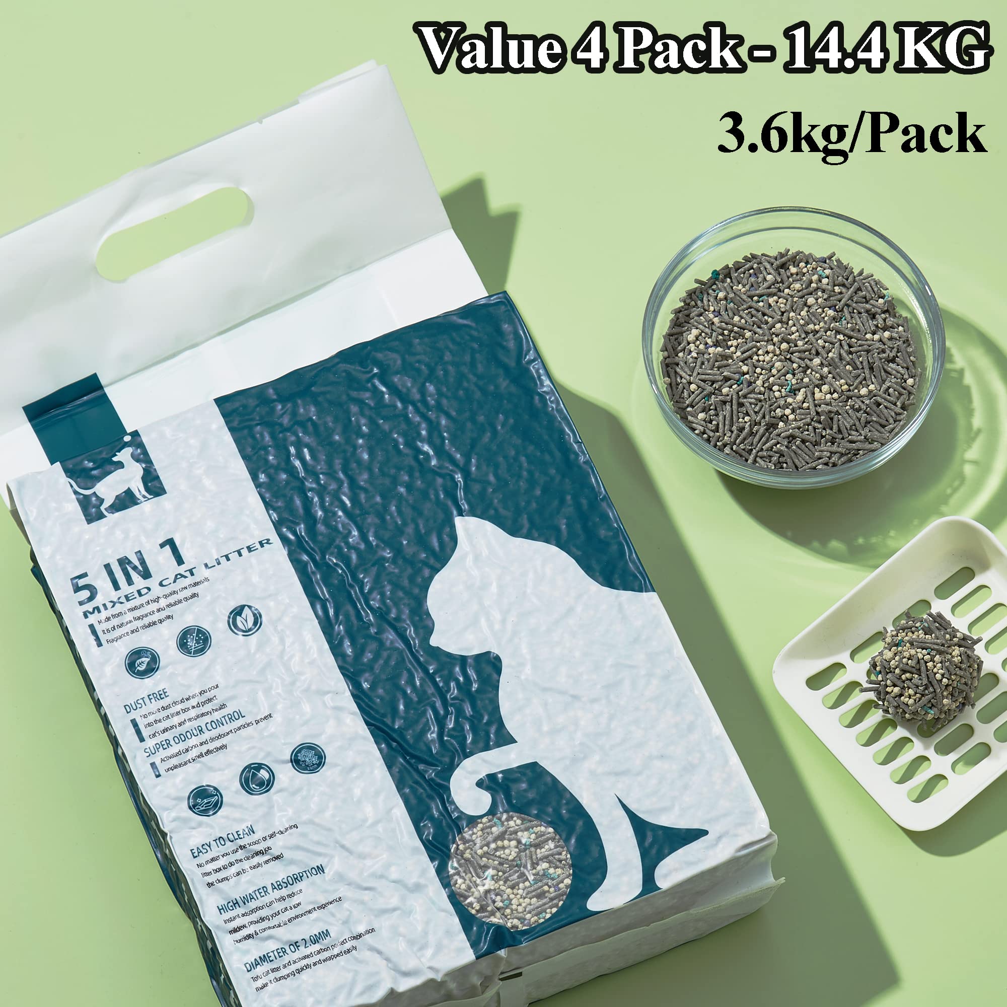 Vealind Clumping Cat Litter, Mixed Cat Litter 5 in 1 Dust-Free Flushable Odor Free Activiated Carbon Tofu Cat Litter (4 PACK-32 Pounds)