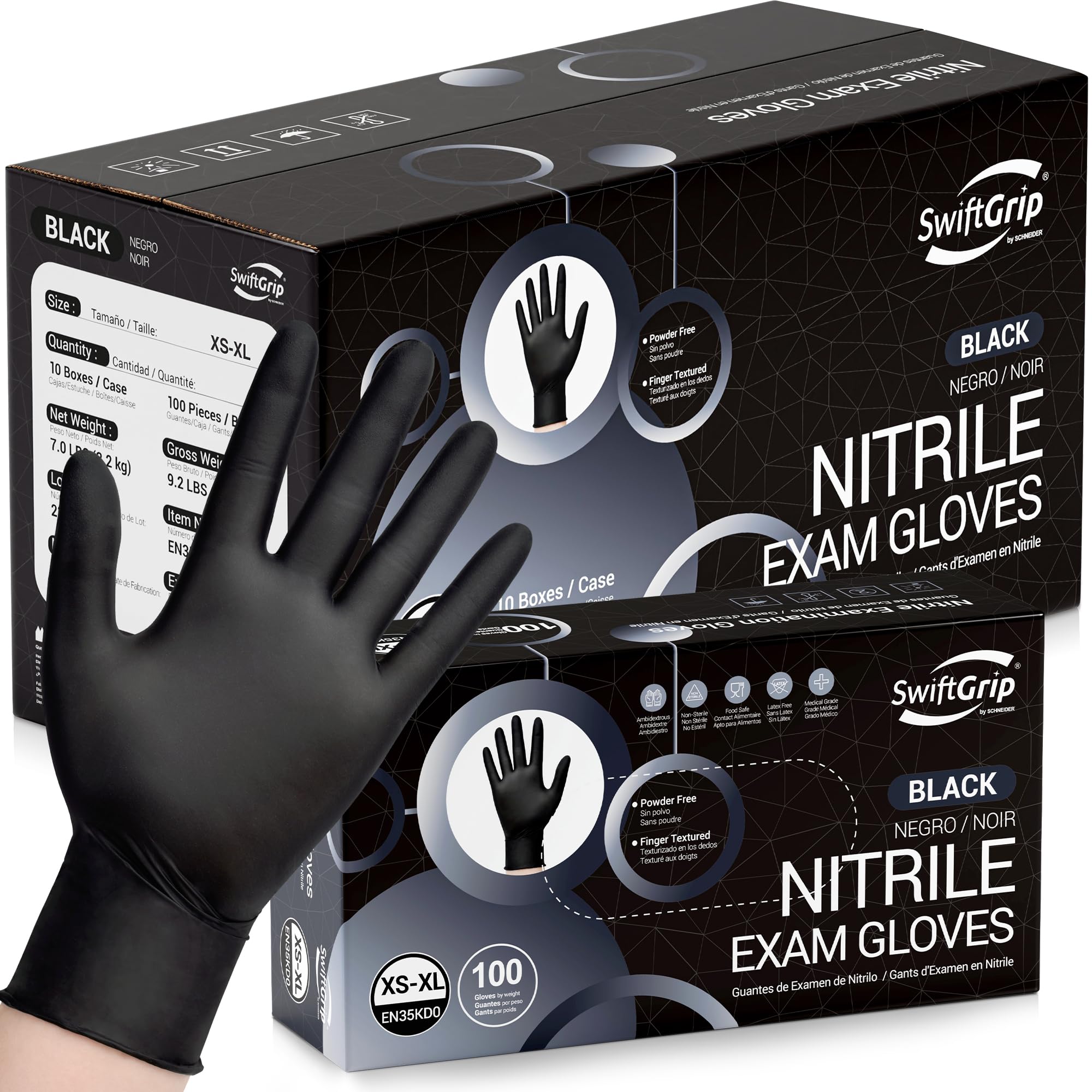 SwiftGrip Disposable Nitrile Exam Gloves, Black Nitrile Gloves Disposable Latex Free for Medical, Cooking & Esthetician, Food-Safe Rubber Gloves, Powder Free, Non-Sterile, 1000ct Case (X-Small)