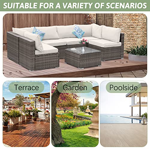 MEINV 7 Piece Patio Furniture Sofas Set, PE Rattan Sectional Couch Conversation Sets, Outdoor Waterproof Sofa Chair Wicker with Coffee Table and Cushion for Homes Porch Deck Gardens (Brown-Apricot)