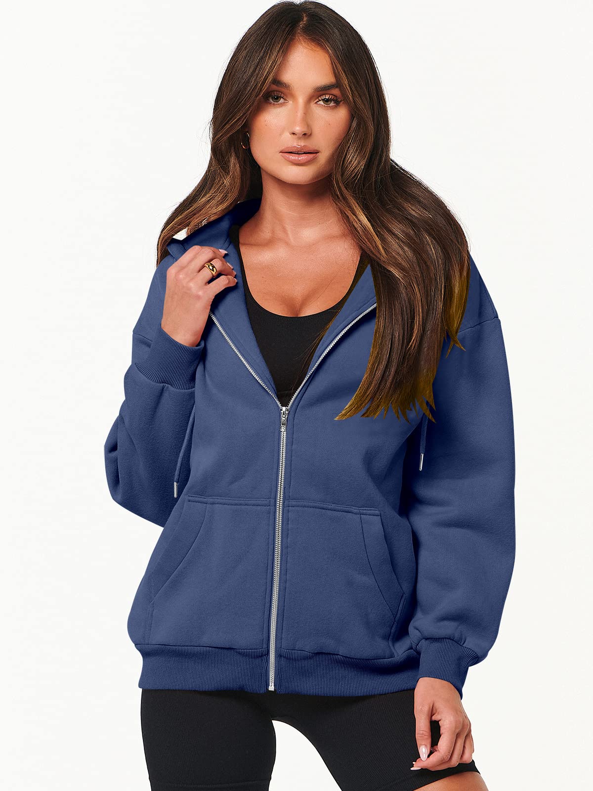 ANRABESS Womens Zip Up Hoodies Long Sleeve Oversized Sweatshirts Fleece Y2K Jacket Pockets 2025 Fall Outfits Fashion Clothes Navy Blue Small