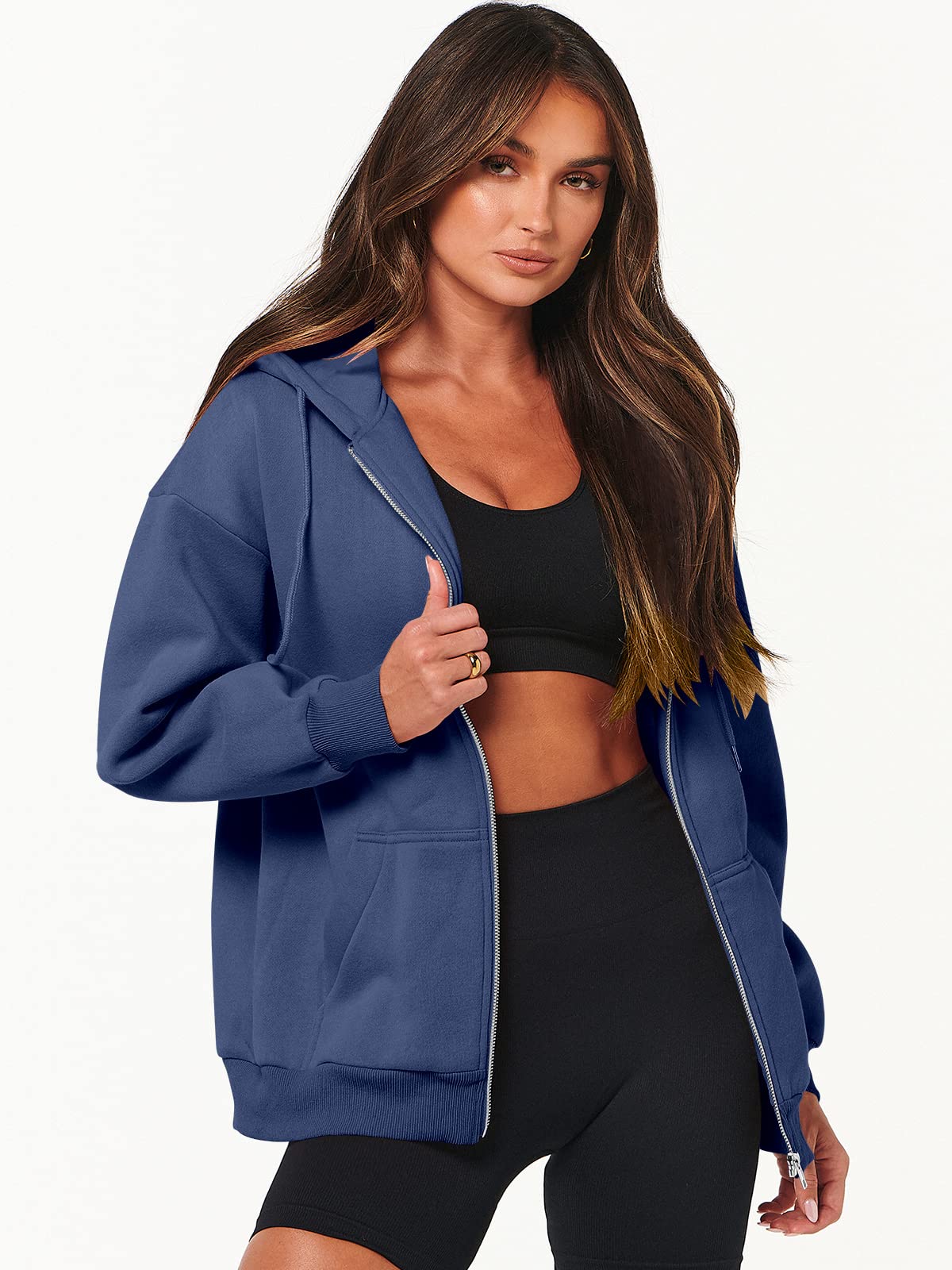 ANRABESS Womens Zip Up Hoodies Long Sleeve Oversized Sweatshirts Fleece Y2K Jacket Pockets 2025 Fall Outfits Fashion Clothes Navy Blue Small