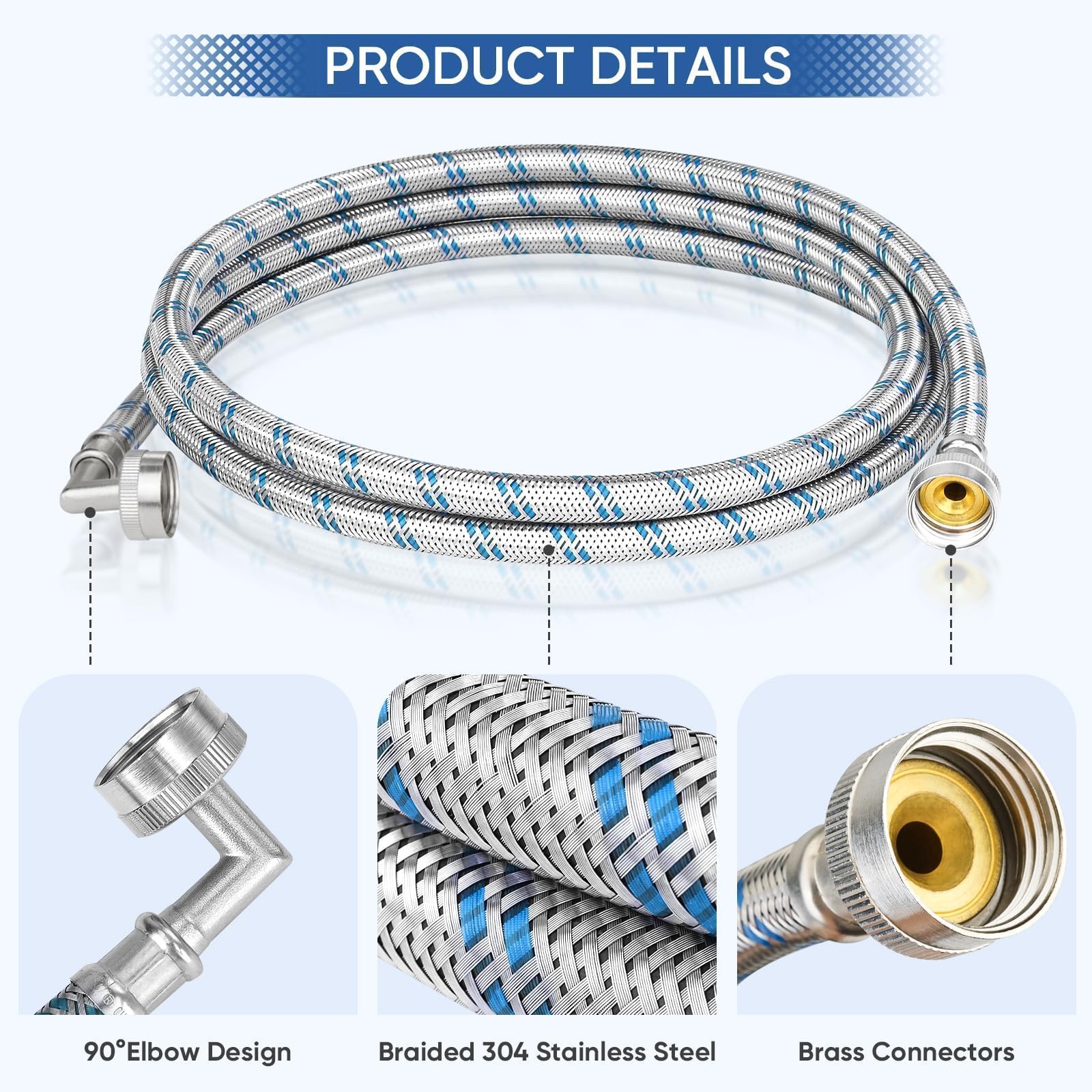 TICONN 4FT Washing Machine Hoses Set, 2 Pack EPDM Core Braided Stainless Steel Burst-Proof Washer Hoses with 90 Degree Elbow, 3/4" FHT Standard Thread (4ft)