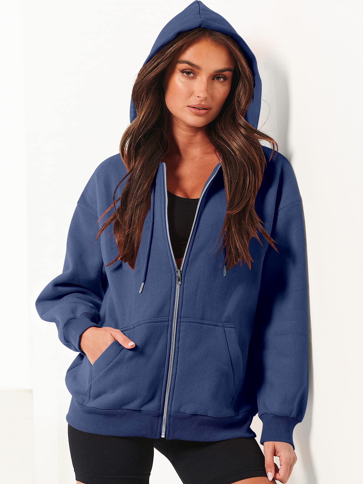 ANRABESS Womens Zip Up Hoodies Long Sleeve Oversized Sweatshirts Fleece Y2K Jacket Pockets 2025 Fall Outfits Fashion Clothes Navy Blue Small