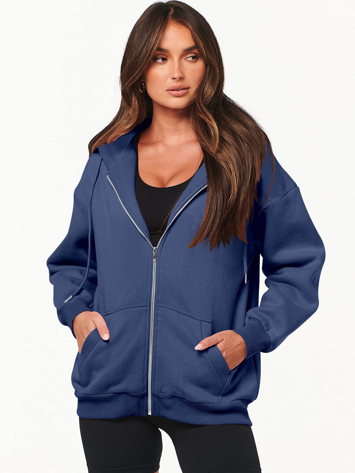 ANRABESS Womens Zip Up Hoodies Long Sleeve Oversized Sweatshirts Fleece Y2K Jacket Pockets 2025 Fall Outfits Fashion Clothes Navy Blue Small