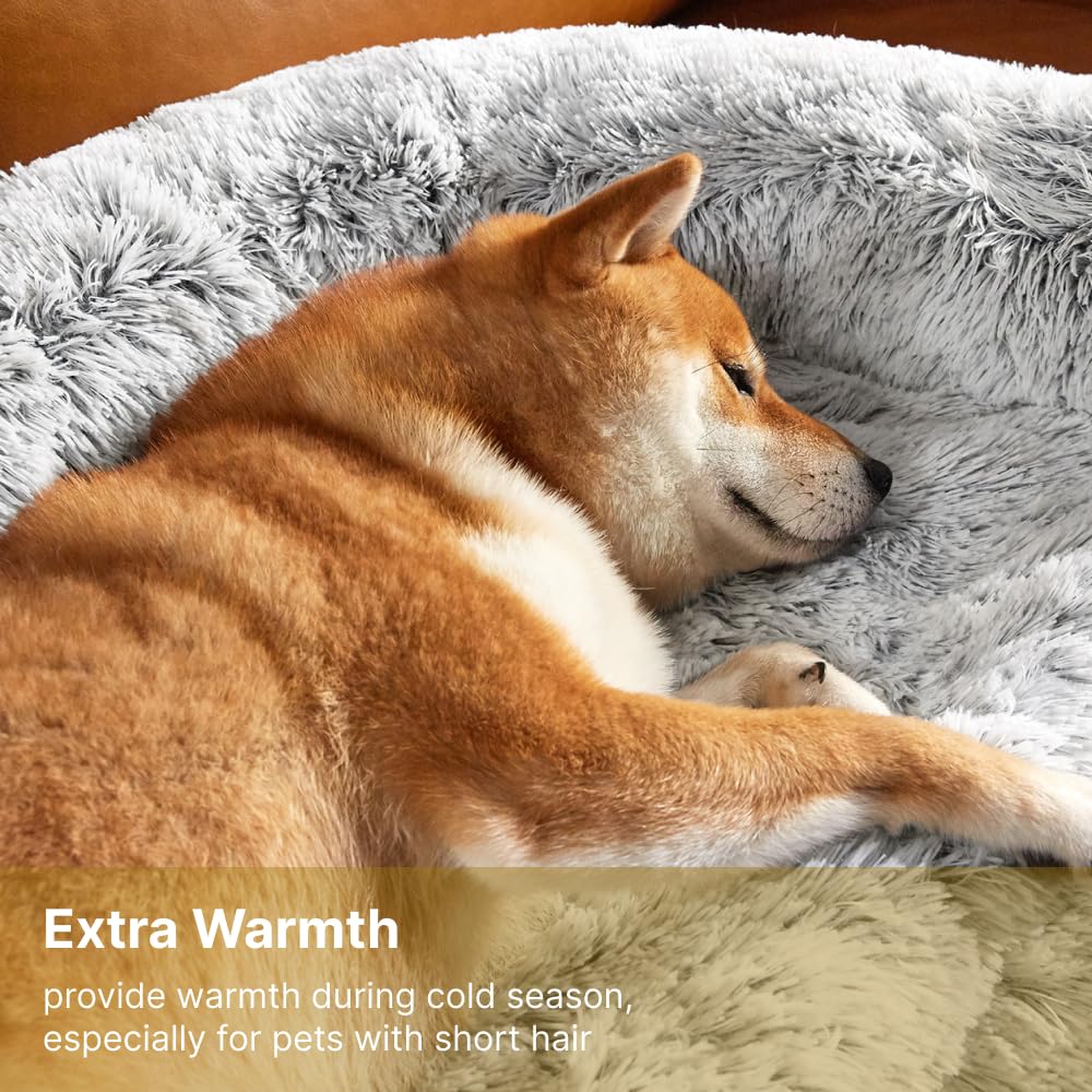 Codi Dog Bed for Couch - Calming Dogs Beds for Large Pets, Fluffy Plush Cats Mat, Anti Anxiety Pet Mats with Removable Washable Cover Protector for Sofa, Light Grey, 41x37x6 inches