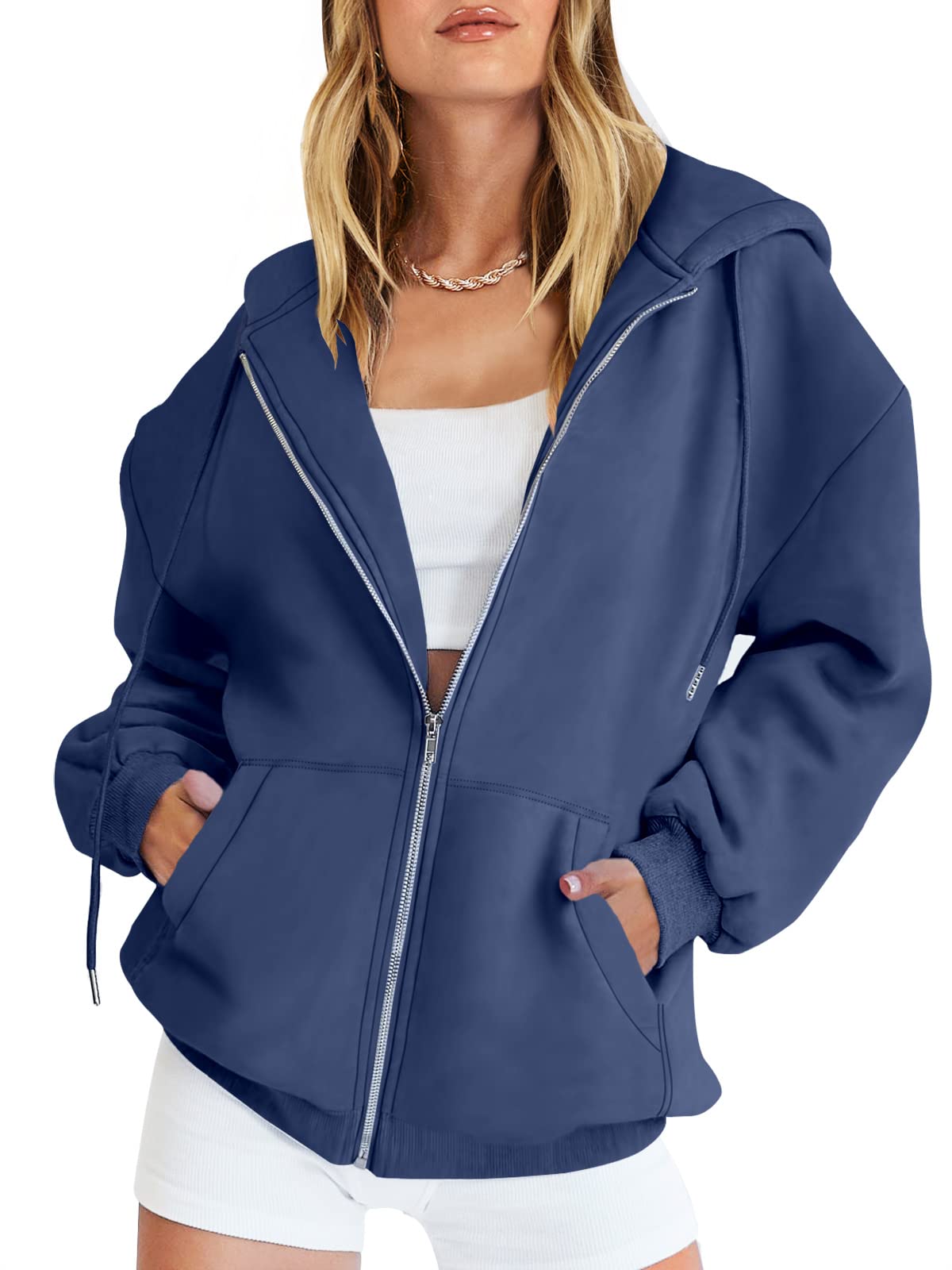ANRABESS Womens Zip Up Hoodies Long Sleeve Oversized Sweatshirts Fleece Y2K Jacket Pockets 2025 Fall Outfits Fashion Clothes Navy Blue Small