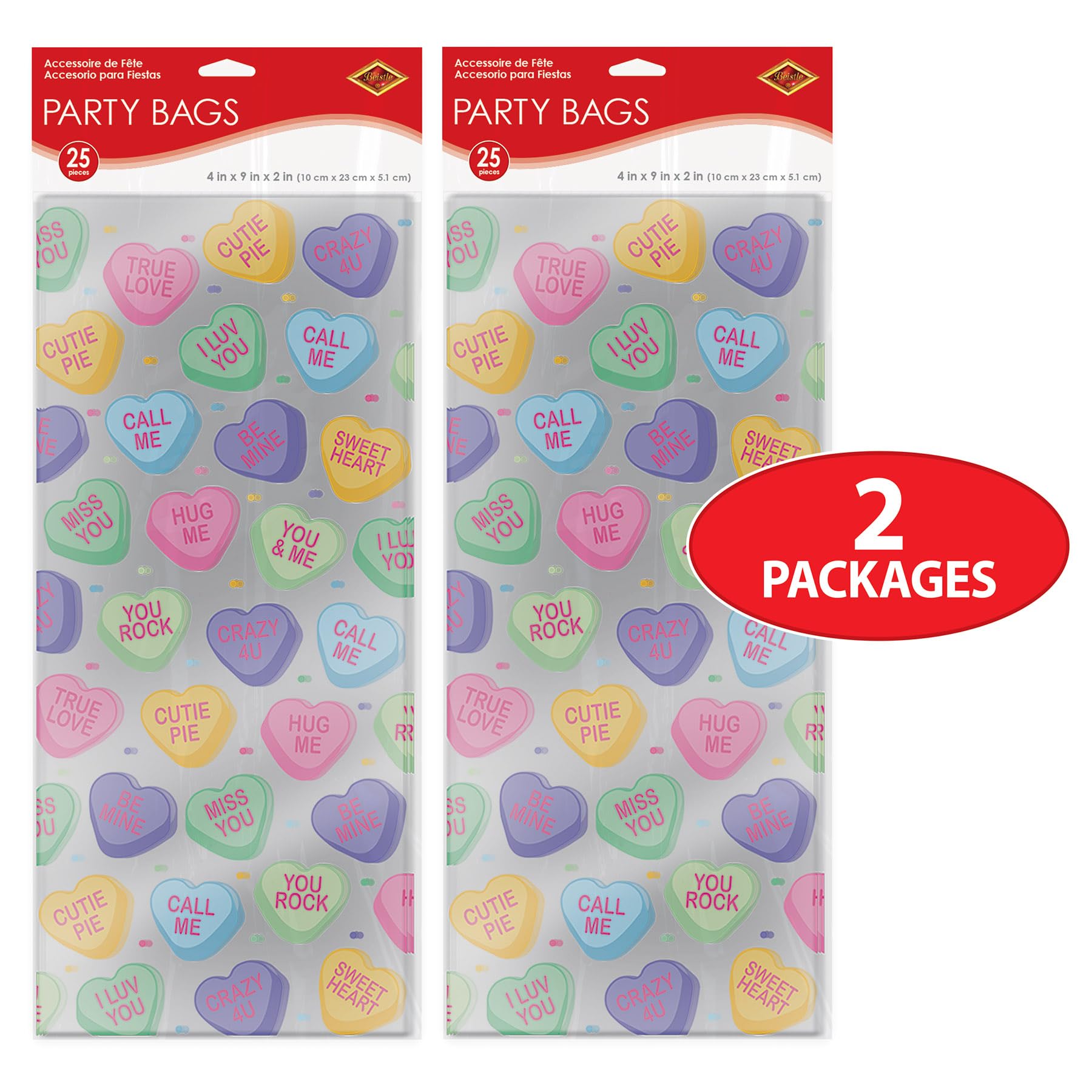Beistle 50 Piece Candy Heart Valentine's Day Cellophane Bags, Plastic Cello Treat Holders, Twist Ties Included, Celebrating With You Since 1900