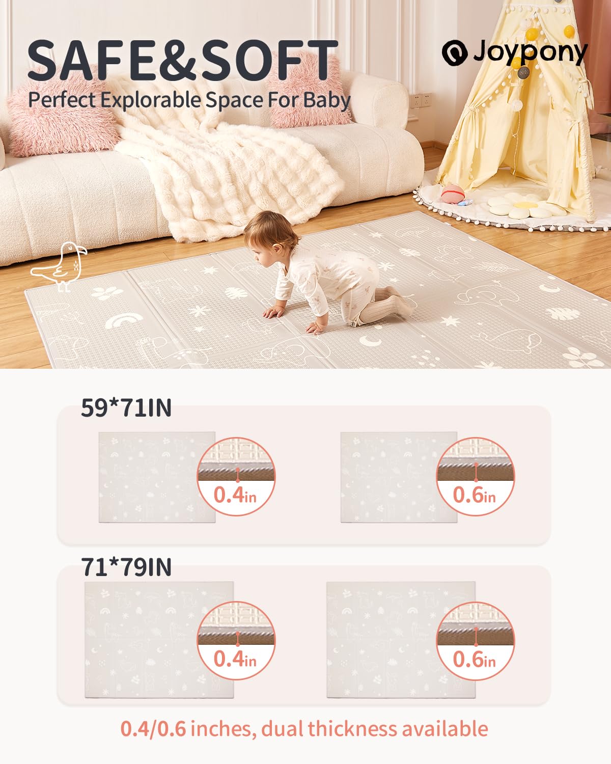 Joypony Foldable Baby Play Mat, 2 in 1 Fabric and XPE Surface Anti-Slip, 79x71x0.6 inch Extra Thick, Ideal for Infants Toddlers Kids Crawling, Non-Toxic, Waterproof Easy to Clean with Storage Bag