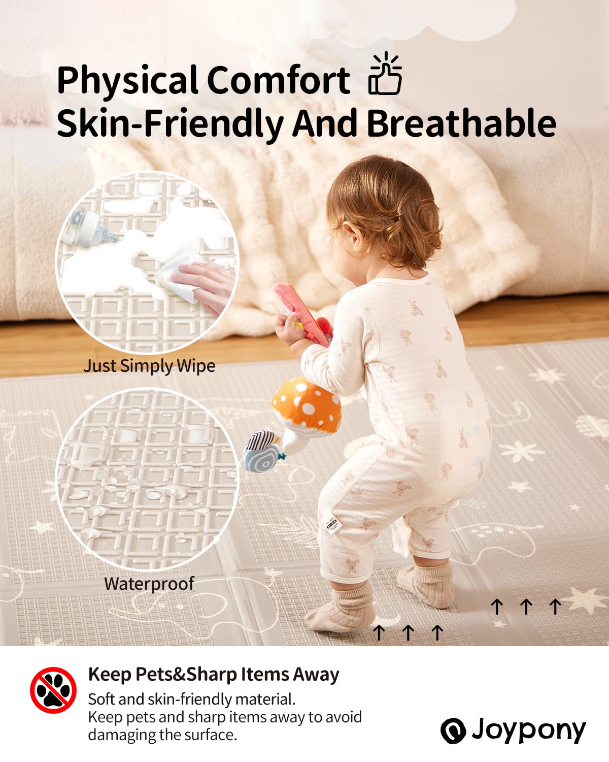 Joypony Foldable Baby Play Mat, 2 in 1 Fabric and XPE Surface Anti-Slip, 79x71x0.6 inch Extra Thick, Ideal for Infants Toddlers Kids Crawling, Non-Toxic, Waterproof Easy to Clean with Storage Bag
