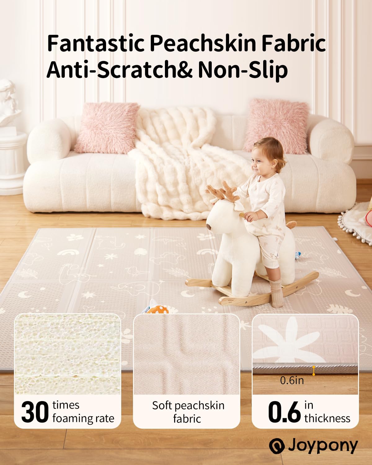 Joypony Foldable Baby Play Mat, 2 in 1 Fabric and XPE Surface Anti-Slip, 79x71x0.6 inch Extra Thick, Ideal for Infants Toddlers Kids Crawling, Non-Toxic, Waterproof Easy to Clean with Storage Bag