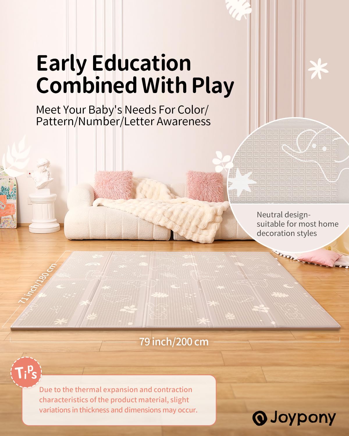 Joypony Foldable Baby Play Mat, 2 in 1 Fabric and XPE Surface Anti-Slip, 79x71x0.6 inch Extra Thick, Ideal for Infants Toddlers Kids Crawling, Non-Toxic, Waterproof Easy to Clean with Storage Bag