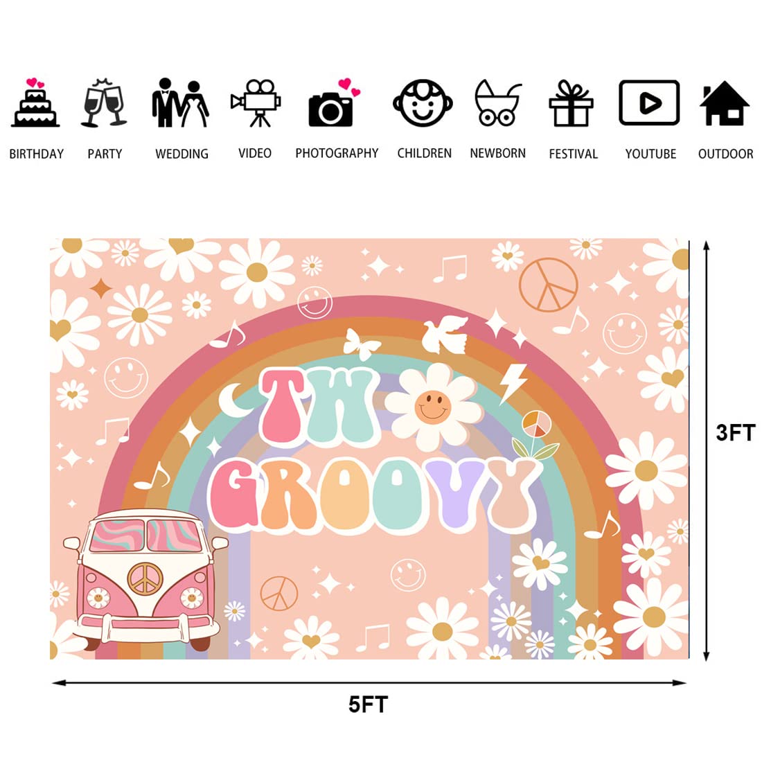Lofaris Two Groovy Birthday Party Backdrop Hippie 70's Retro 10th Birthday Background Girls 2 Years Old Party Cake Table Banner Supplies 5x3ft