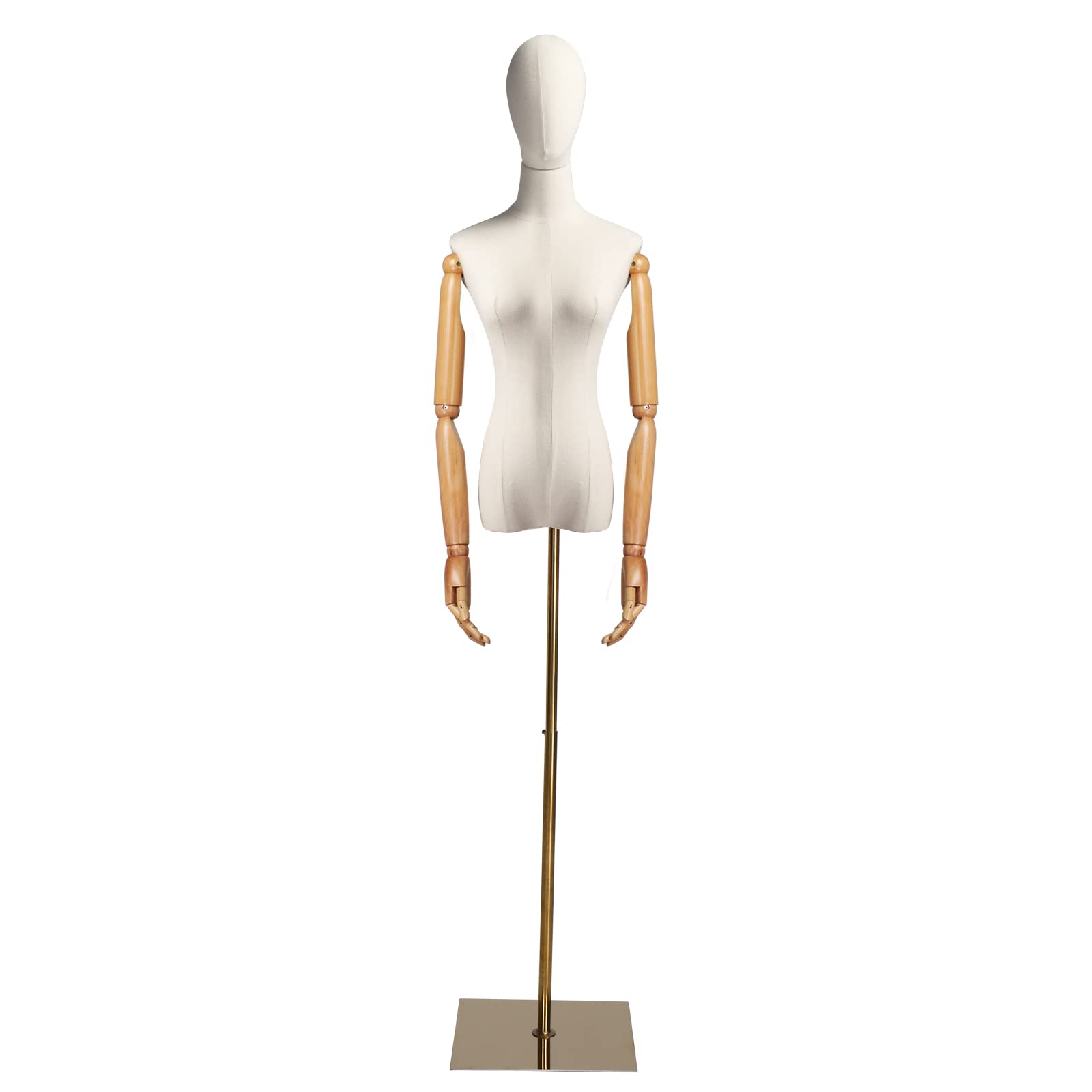 Bonnlo Female Dress Form with Head and Posable Wood Arms, Mannequin Torse Body with Metal Base Adjustable Height, Women Dress Jewelry Display Model