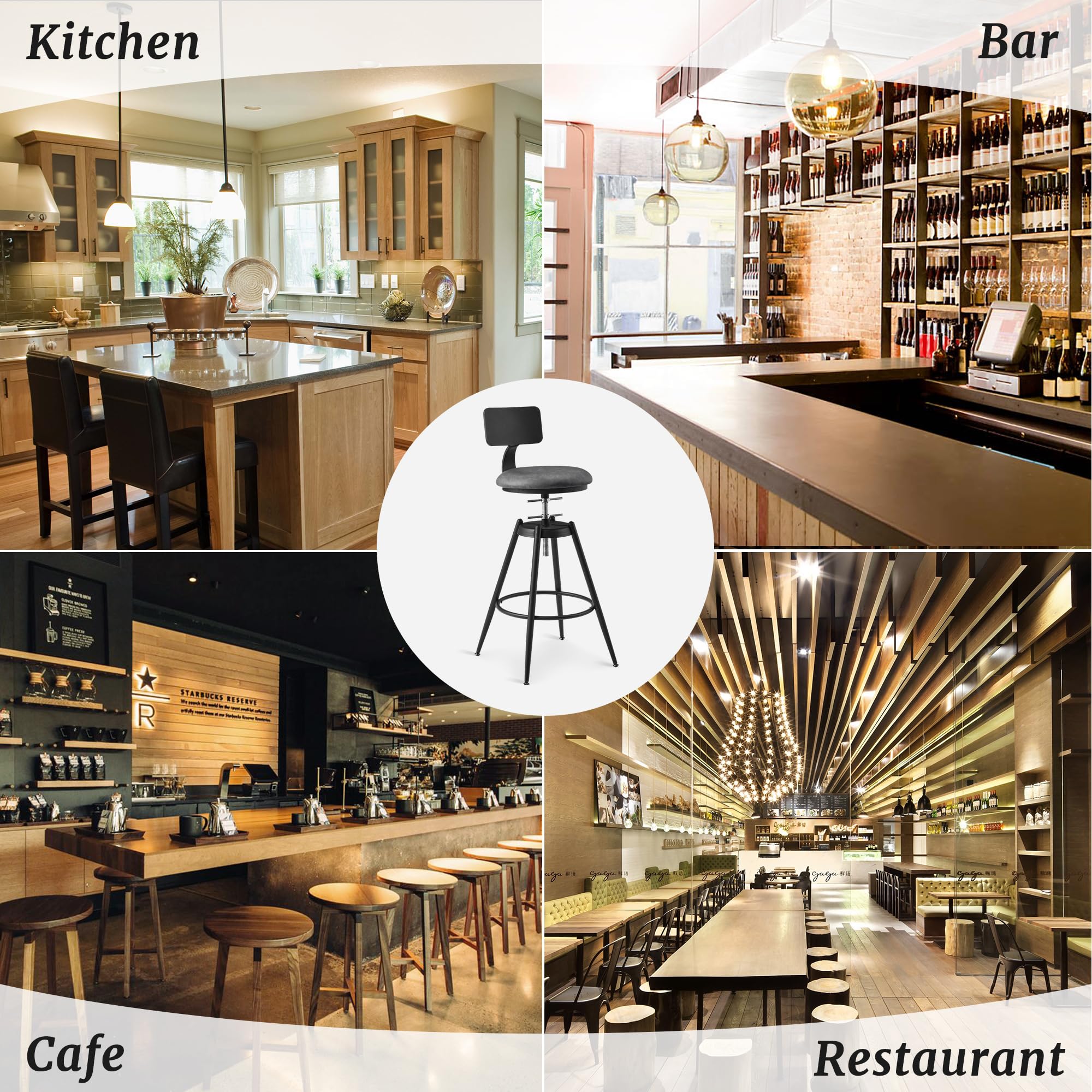 Industrial Swivel Bar Stool Set of 4, 26"-32" Adjustable Counter Height Bar Stool with Back for Kitchen Island, Vintage Farmhouse Faux Leather Barstool with Black Metal Legs, Dark Gray