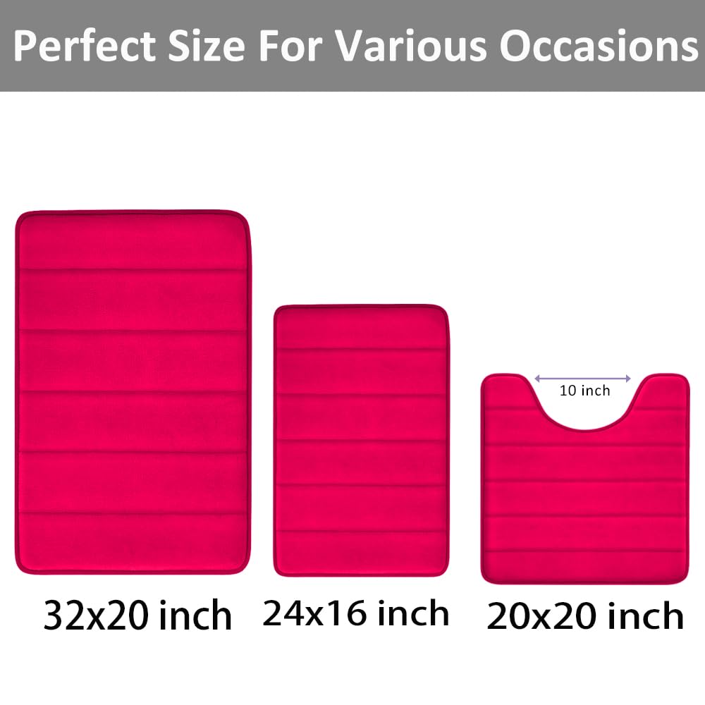 RUN HELIX Red Bathroom Rugs Memory Foam Bath Mat Set 3 Piece Non-Slip Rugs,Absorbent Shaggy Rugs,Machine Wash, Perfect Plush Mats,Washable Carpets with U-Shaped Toilet Rug-Rug