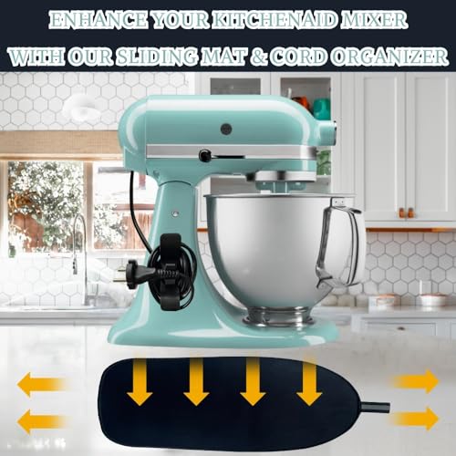 Heimn Sliding Mat and two Cord Organizers compatible with KitchenAid 4.5-5 Qt Tilt-Head Stand (4.5-5Qt Black Mat+2xBlack Kitchen Accessories, 22x38-8.66x14.96")