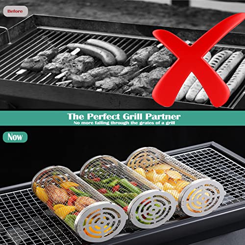 2pcs Rolling Grilling Basket - Stainless Steel BBQ Grill Mesh for Vegetables, Fish and French Fries, Round Stainless Steel Grill Mesh (Pack of (M+L))