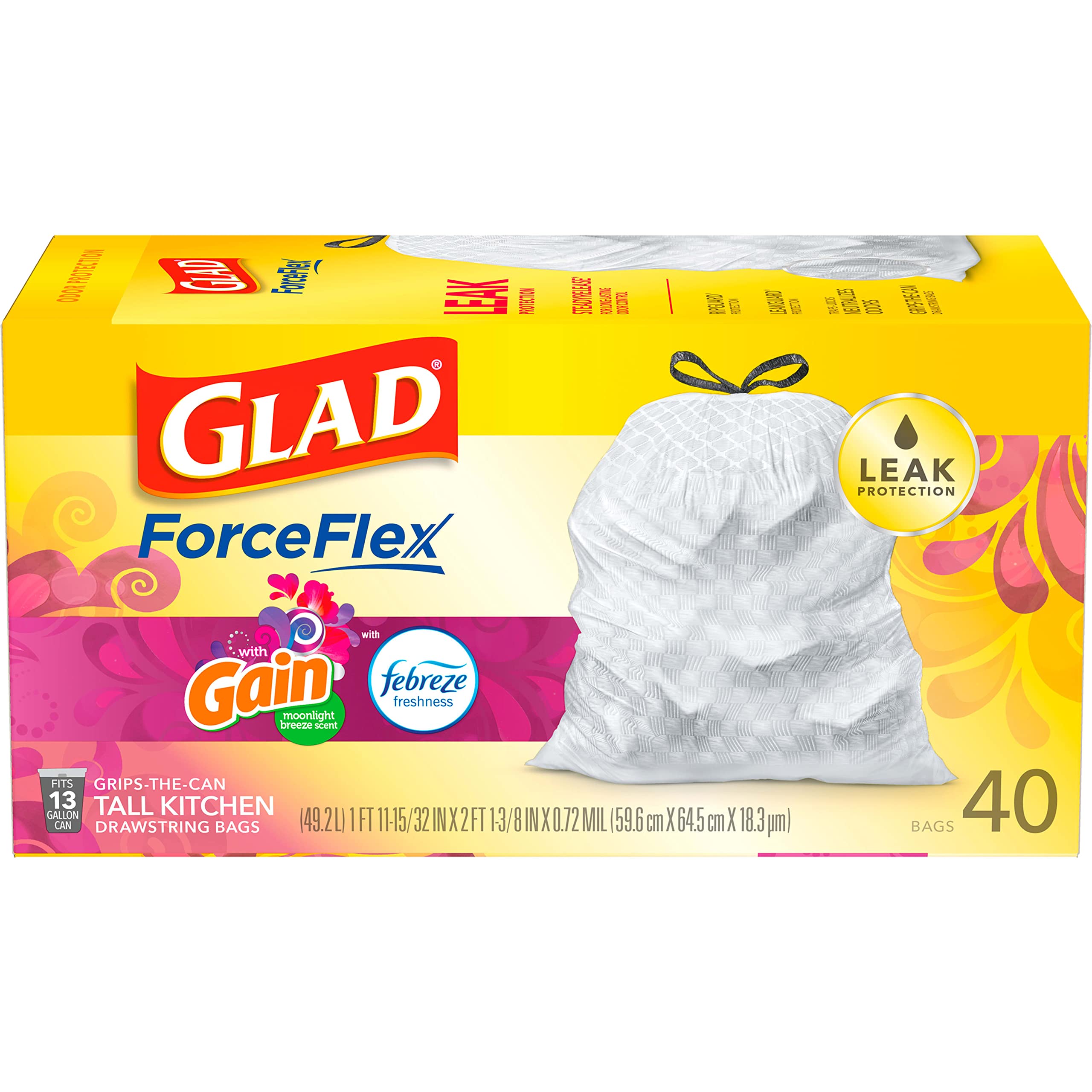 Glad Tall Kitchen Quick-Tie Trash Bags, OdorShield 13 Gallon White Trash Bag, Gain Moonlight Breeze with Febreze Freshness, 40 Count (Package May Vary)