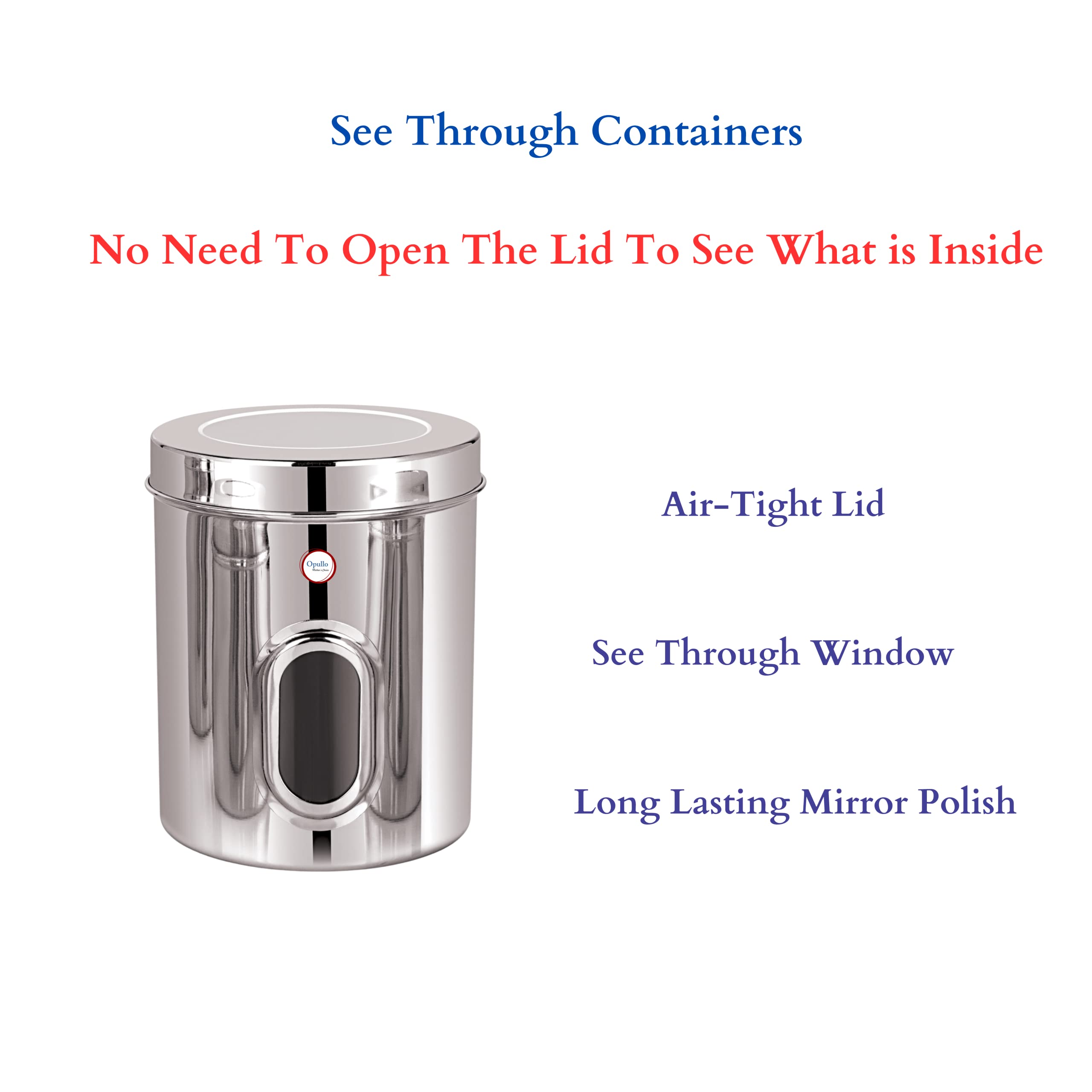Opullo Stainless Steel See Through Containers for Kitchen | Mirror Polished Stainless Steel Containers With Lid and Transparent Window | Multipurpose Dabba Set for Kitchen | Pack of 4 | 1.25 Kgs