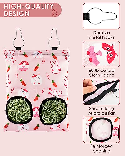 Bissap Rabbit Hay Feeder Bag, 2 Holes Hanging Hay Feeder Guinea Pig Hay Bag for Rabbits Bunny Chinchillas Hamsters Rats and Other Small Pets Small Animal - S (Pink)