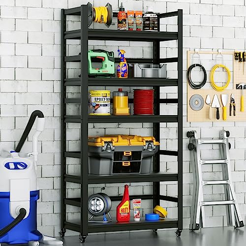 MOLYHOM Garage Shelving Heavy Duty, Garage Storage Shelves with Wheels, Adjustable Industrial Metal Storage Shelving Units, 64" H*31.6" W*15.8" D