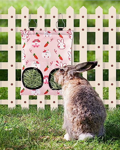 Bissap Rabbit Hay Feeder Bag, 2 Holes Hanging Hay Feeder Guinea Pig Hay Bag for Rabbits Bunny Chinchillas Hamsters Rats and Other Small Pets Small Animal - S (Pink)