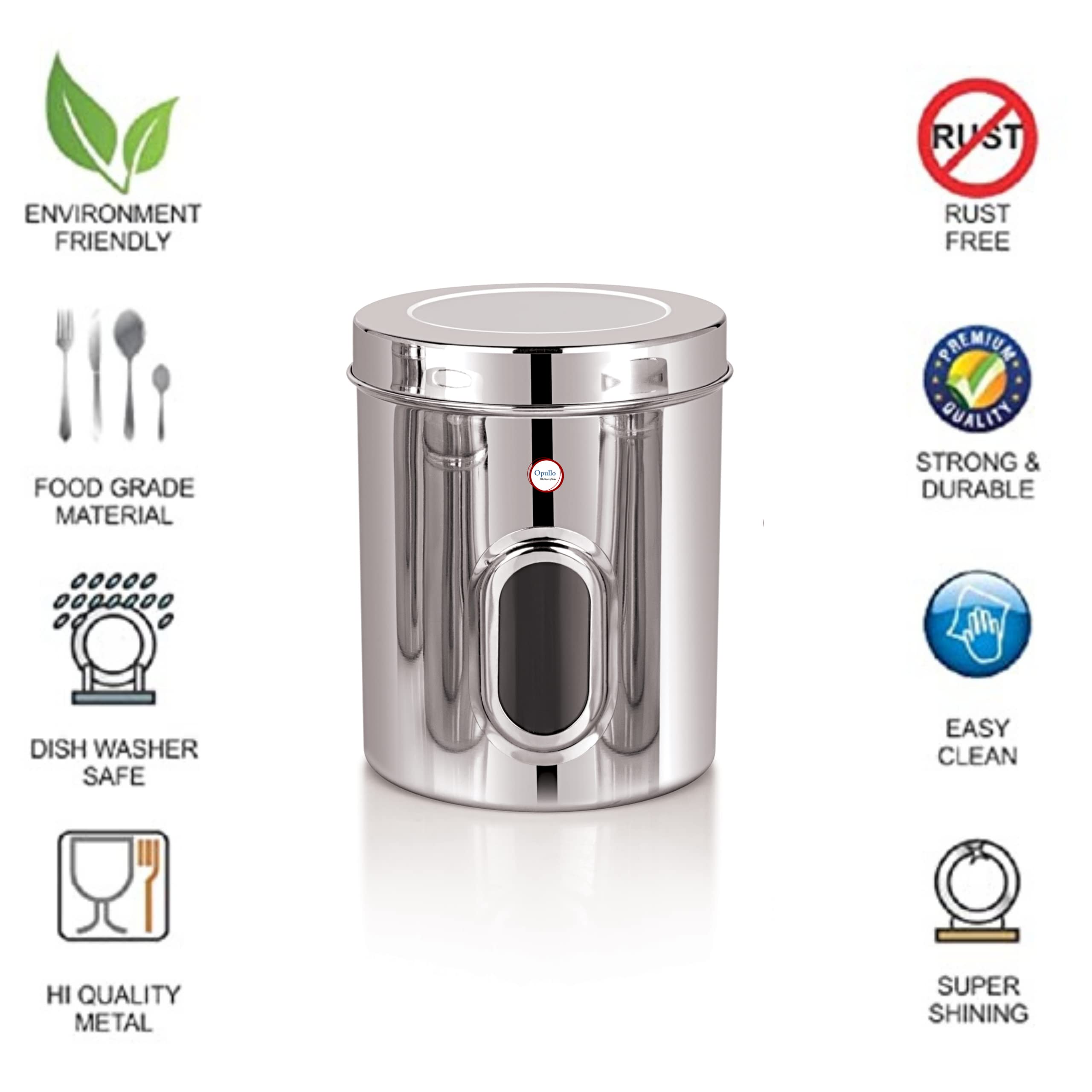Opullo Stainless Steel See Through Containers for Kitchen | Mirror Polished Stainless Steel Containers With Lid and Transparent Window | Multipurpose Dabba Set for Kitchen | Pack of 4 | 1.25 Kgs