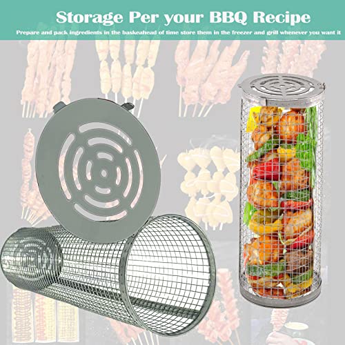 2pcs Rolling Grilling Basket - Stainless Steel BBQ Grill Mesh for Vegetables, Fish and French Fries, Round Stainless Steel Grill Mesh (Pack of (M+L))