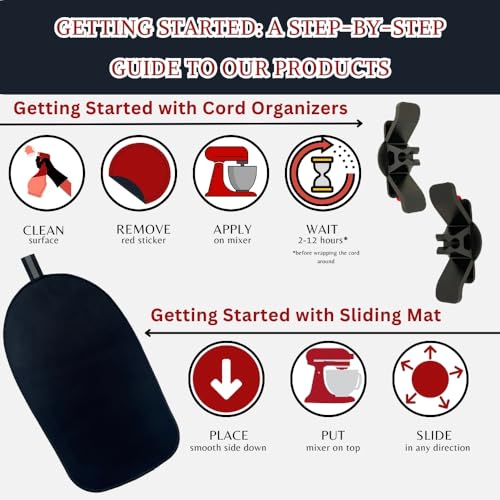 Heimn Sliding Mat and two Cord Organizers compatible with KitchenAid 4.5-5 Qt Tilt-Head Stand (4.5-5Qt Black Mat+2xBlack Kitchen Accessories, 22x38-8.66x14.96")