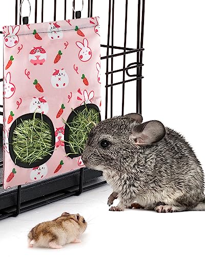 Bissap Rabbit Hay Feeder Bag, 2 Holes Hanging Hay Feeder Guinea Pig Hay Bag for Rabbits Bunny Chinchillas Hamsters Rats and Other Small Pets Small Animal - S (Pink)