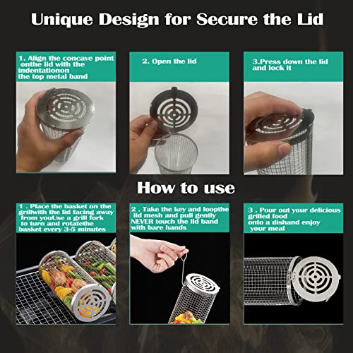 2pcs Rolling Grilling Basket - Stainless Steel BBQ Grill Mesh for Vegetables, Fish and French Fries, Round Stainless Steel Grill Mesh (Pack of (M+L))