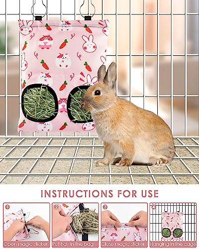Bissap Rabbit Hay Feeder Bag, 2 Holes Hanging Hay Feeder Guinea Pig Hay Bag for Rabbits Bunny Chinchillas Hamsters Rats and Other Small Pets Small Animal - S (Pink)