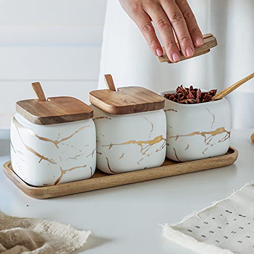 KIDYBELL Ceramic Spice Jars Porcelain Condiment Jars Set Marble Ceramic Seasoning Box 3pcs Condiment Pots for salt, sugar, pepper Kitchen Ceramic Seasoning Condiment Jar Set