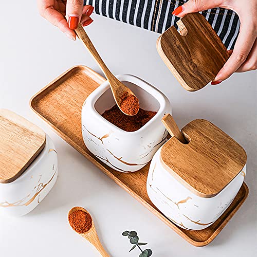 KIDYBELL Ceramic Spice Jars Porcelain Condiment Jars Set Marble Ceramic Seasoning Box 3pcs Condiment Pots for salt, sugar, pepper Kitchen Ceramic Seasoning Condiment Jar Set