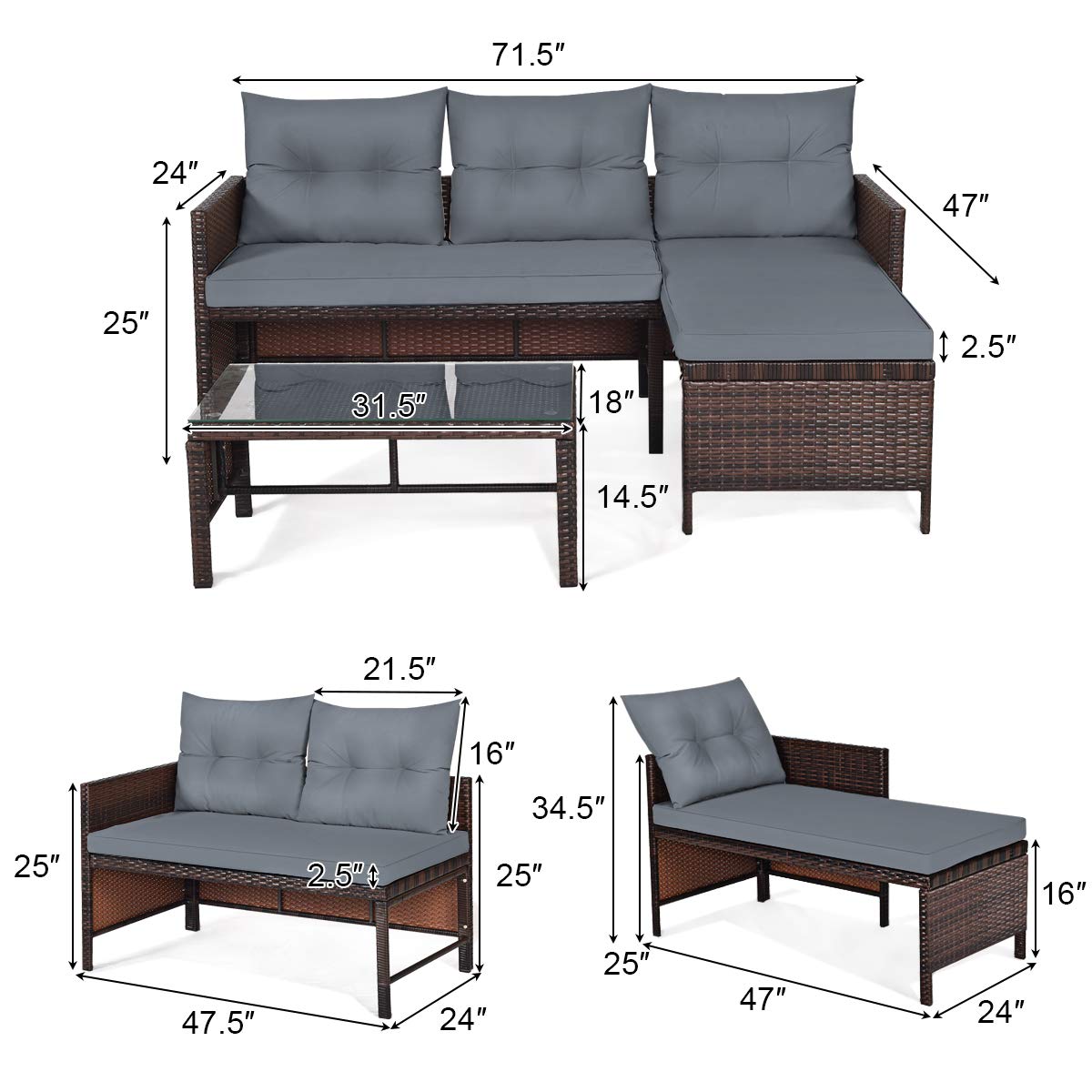 COSTWAY 3PCS Patio Wicker Rattan Sofa Set Outdoor Sectional Conversation Set Lawn Garden Gery