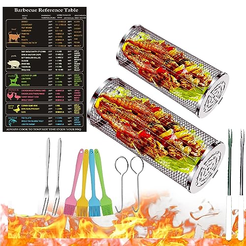 2pcs Rolling Grilling Basket - Stainless Steel BBQ Grill Mesh for Vegetables, Fish and French Fries, Round Stainless Steel Grill Mesh (Pack of (M+L))
