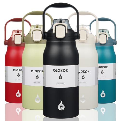 BJPKPK Insulated Water Bottles with Straw, 45 oz Stainless Steel Metal Water Bottle with One-handed Opening Lid, BPA Free Reusable Jugs, Thermos for Gym Sports Outdoors, Black