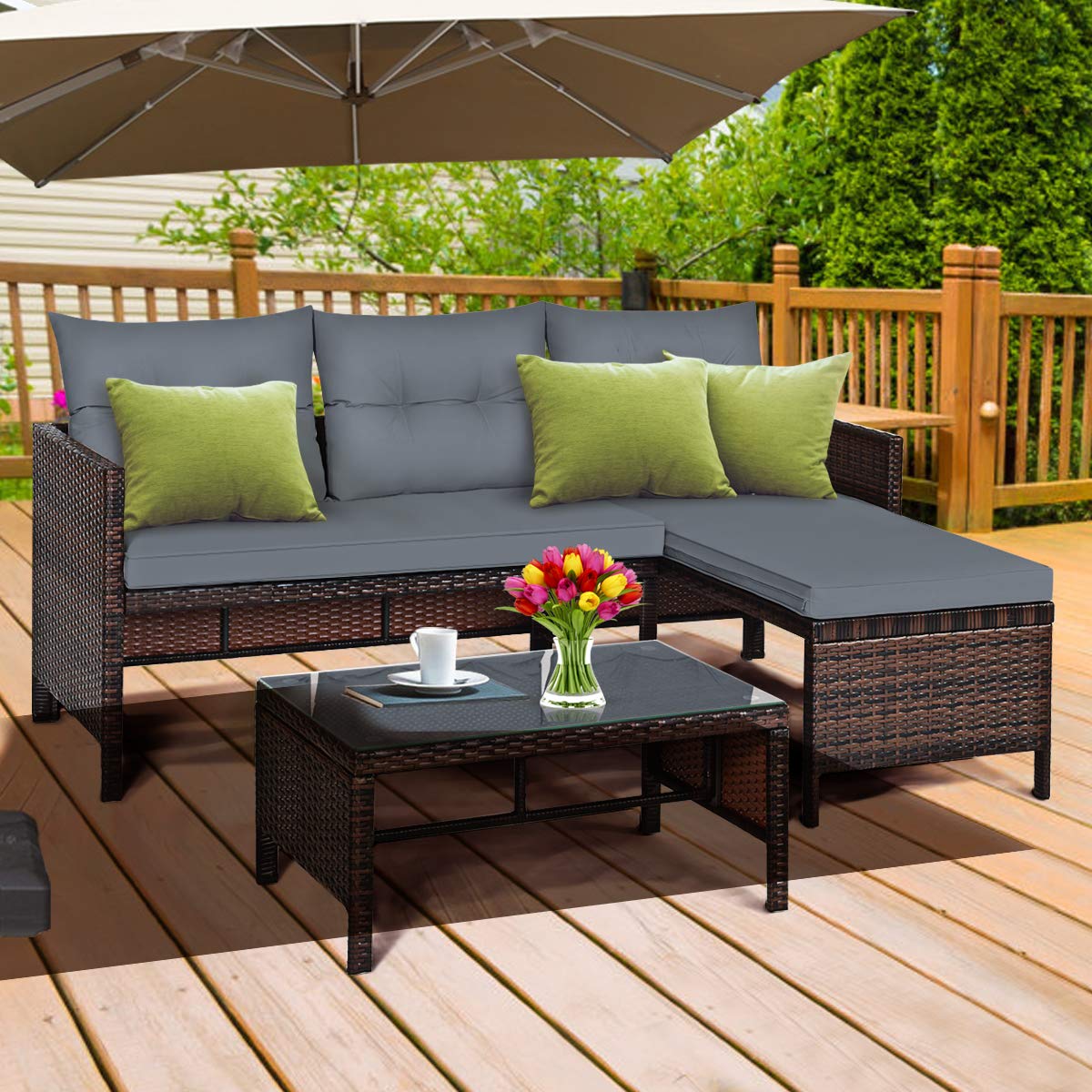 COSTWAY 3PCS Patio Wicker Rattan Sofa Set Outdoor Sectional Conversation Set Lawn Garden Gery