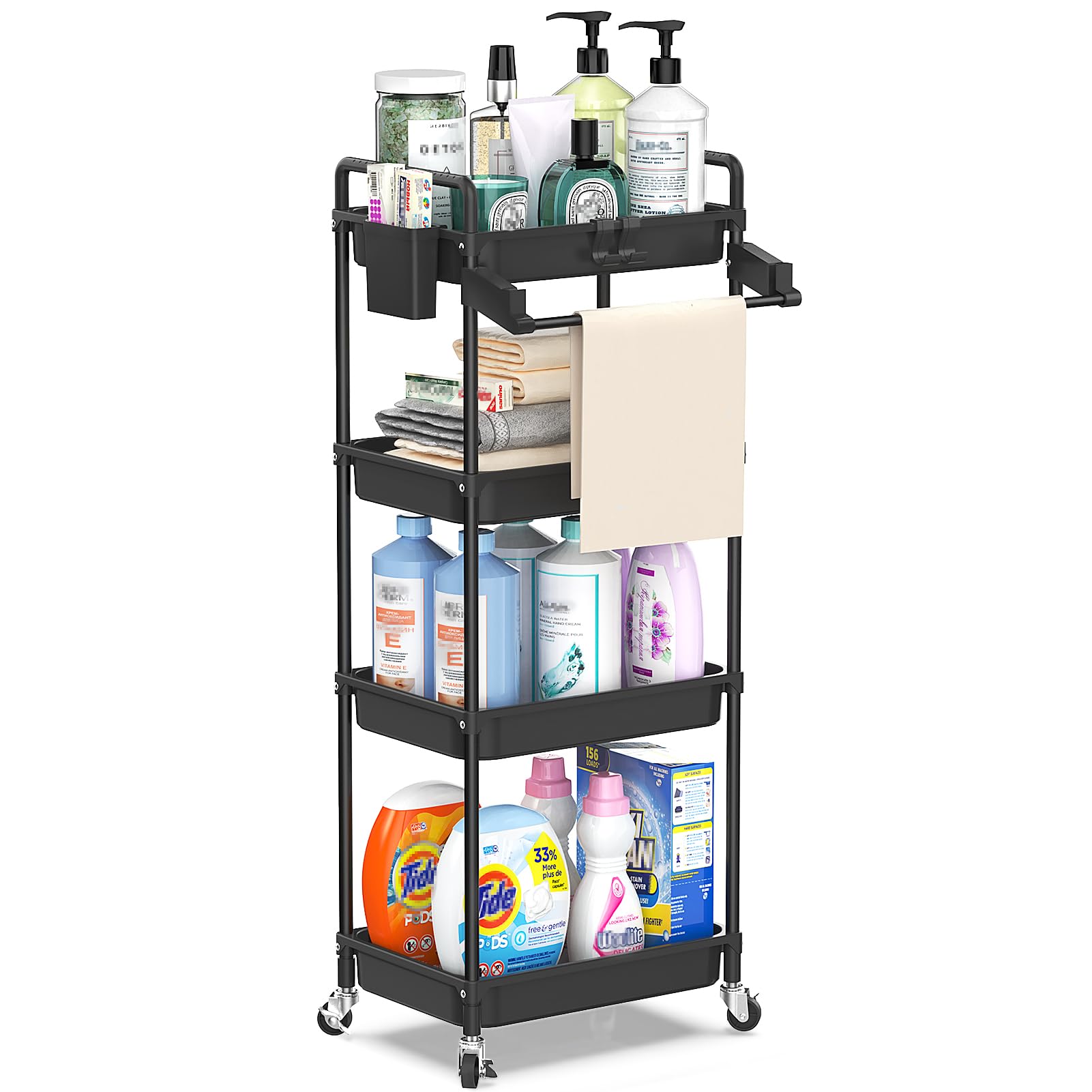 SPACEKEEPER Rolling Storage Cart, 4-Tier Bathroom Organizer Utility Cart Laundry Room Organization Mobile Shelving Unit with Towel Rack, Lockable Wheel, Hooks & Cup for Kitchen Bedroom Office, Black
