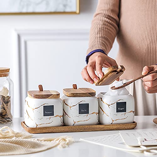 KIDYBELL Ceramic Spice Jars Porcelain Condiment Jars Set Marble Ceramic Seasoning Box 3pcs Condiment Pots for salt, sugar, pepper Kitchen Ceramic Seasoning Condiment Jar Set