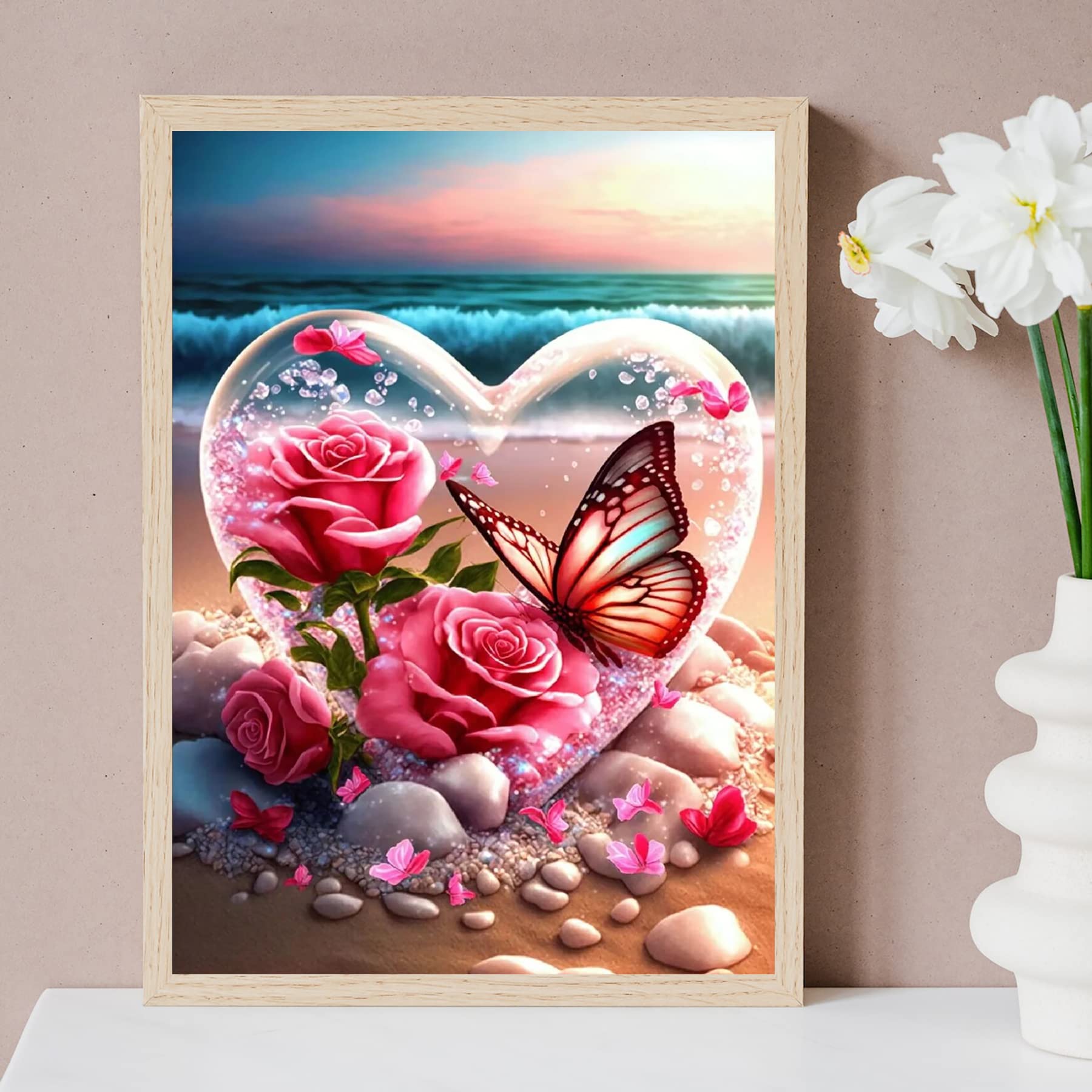 KINPLUB Beach Diamond Painting Kits for Adults, Flowers Heart Diamond Art Kits, 5D DIY Full Drill Seaside Butterflies Paint with Diamonds, Crystal Gem Art for Home Wall Decor 12 x 16 Inch