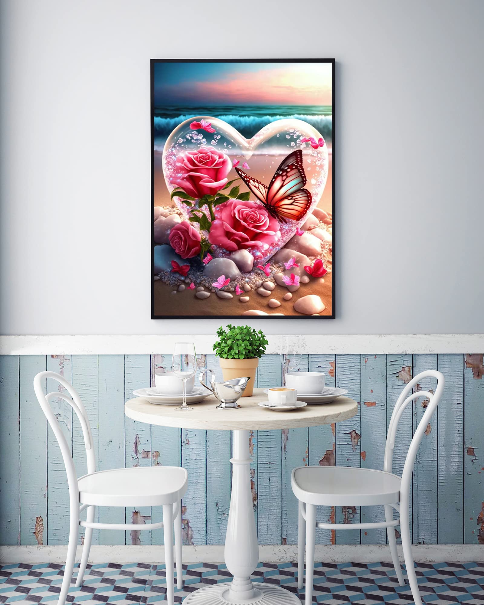 KINPLUB Beach Diamond Painting Kits for Adults, Flowers Heart Diamond Art Kits, 5D DIY Full Drill Seaside Butterflies Paint with Diamonds, Crystal Gem Art for Home Wall Decor 12 x 16 Inch