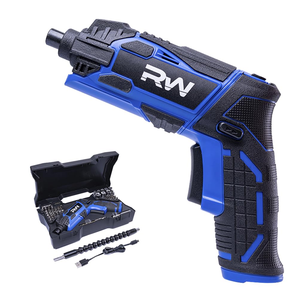 RealWork Electric Screwdriver, 4V Cordless screwdriver with rechargeable 1500mah Li-ion Battery, Includes screwdriver bit, sockets, Flex Shaft. LED Working light, Hard Plastic Carry Case