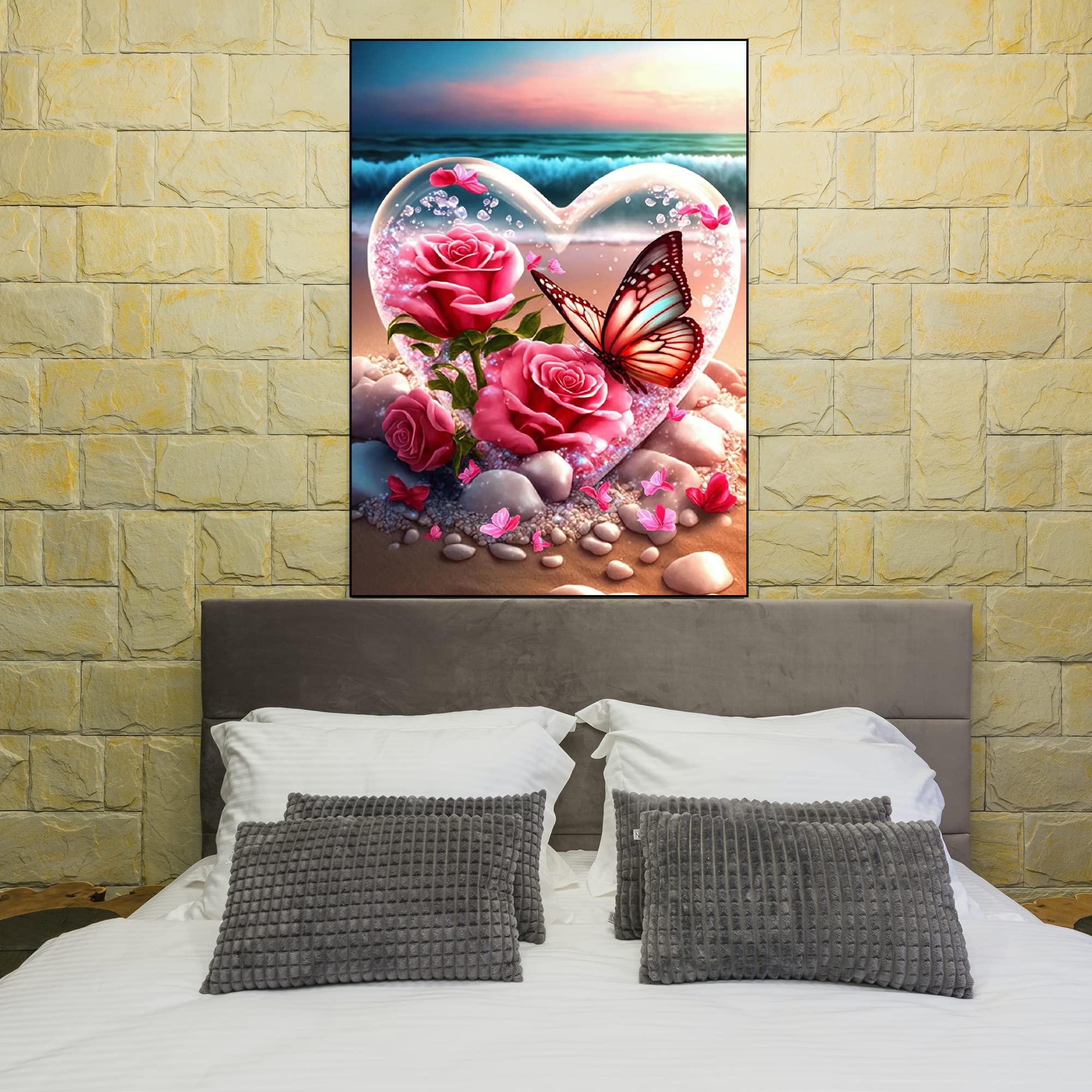 KINPLUB Beach Diamond Painting Kits for Adults, Flowers Heart Diamond Art Kits, 5D DIY Full Drill Seaside Butterflies Paint with Diamonds, Crystal Gem Art for Home Wall Decor 12 x 16 Inch