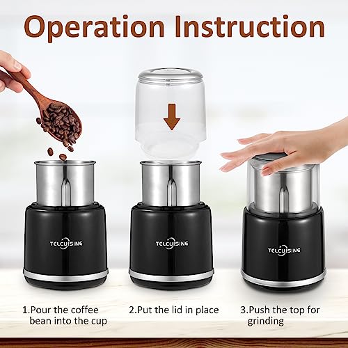 Telcuisine Coffee Bean Grinder, 200ml Small Coffee Grinder Electric Espresso Grinder with 304 Stainless Steel Blades for Beans, Nuts, Herbs, Grain and Salt, Spice Grinder with Cleaning Brush, 200W