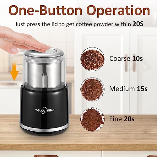 Telcuisine Coffee Bean Grinder, 200ml Small Coffee Grinder Electric Espresso Grinder with 304 Stainless Steel Blades for Beans, Nuts, Herbs, Grain and Salt, Spice Grinder with Cleaning Brush, 200W
