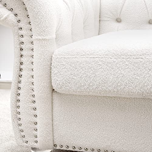 39" Chesterfield Single Sofa Chair Acrylic Crystal Leg Teddy Fabric Upholstered 1 Seater Sofa with Tufted Back,Roll Arm Settee Couches for Living Room Furniture (White + Polyester, Single Sofa)